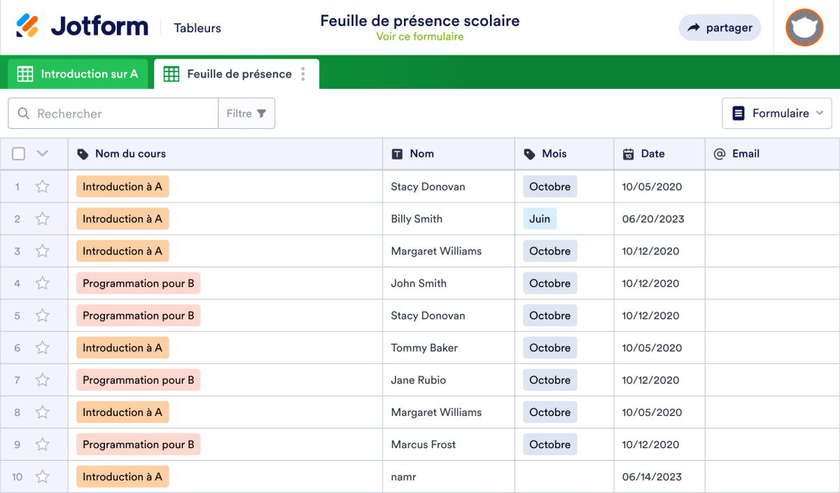 Feuille de présence scolaire Modèle | Tableaux Jotform