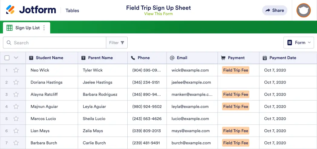 Field Trip Sign Up Sheet Template | Jotform Tables