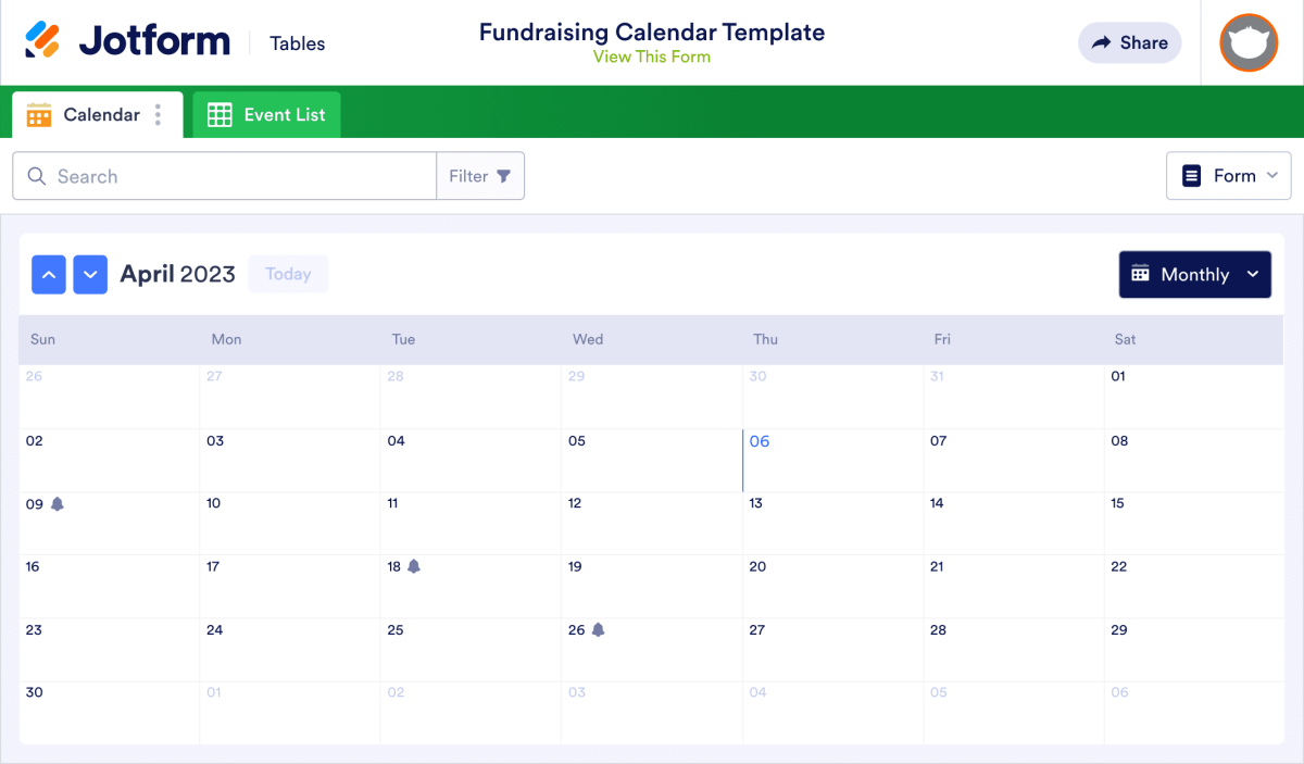 Fundraising Calendar Template | Jotform Tables