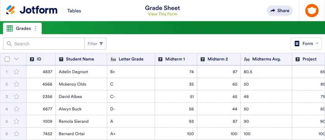 Grade Sheet Template | Jotform Tables