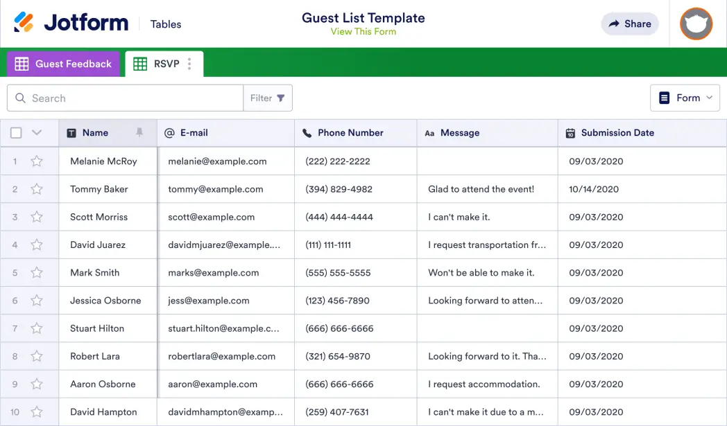 Guest List Template | Jotform Tables
