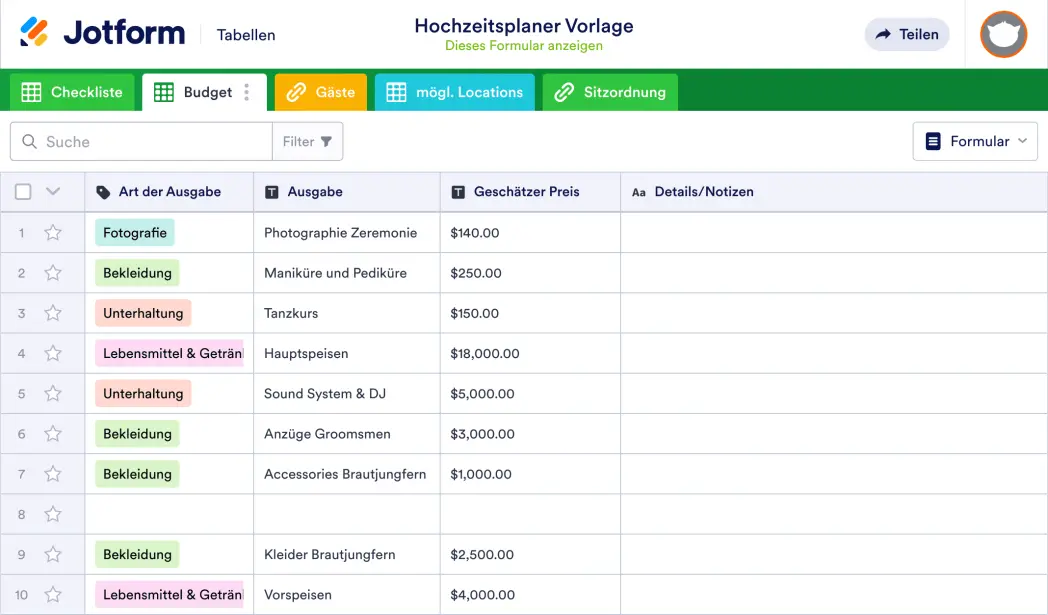 Hochzeitsplaner Vorlage Vorlage | Jotform Tabellen