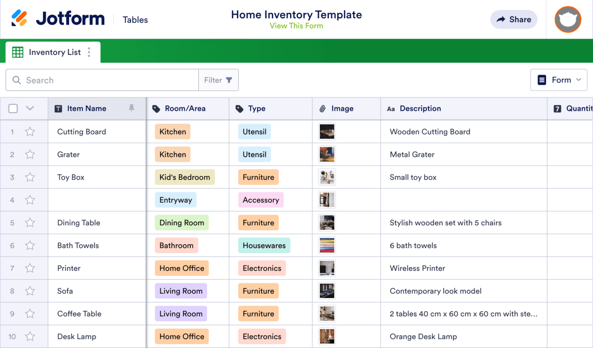 Home Inventory Template | Jotform Tables