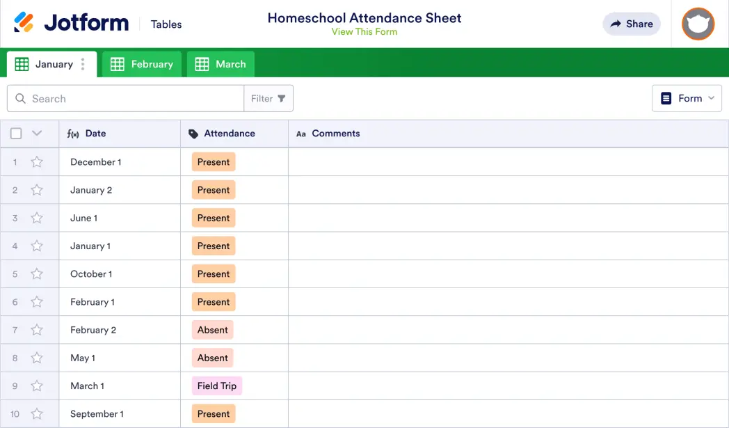 Homeschool Attendance Sheet Template | Jotform Tables