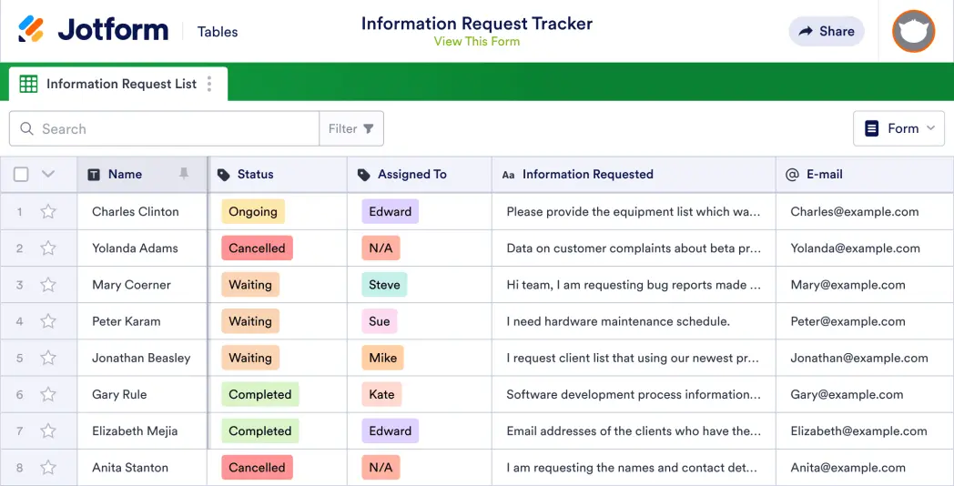 Information Request Tracker Template | Jotform Tables
