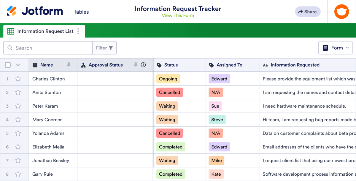 Information Request Tracker Template | Jotform Tables