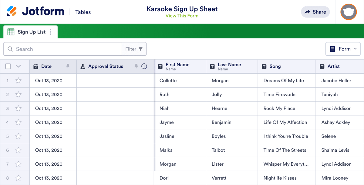 Karaoke Sign Up Sheet Template | Jotform Tables