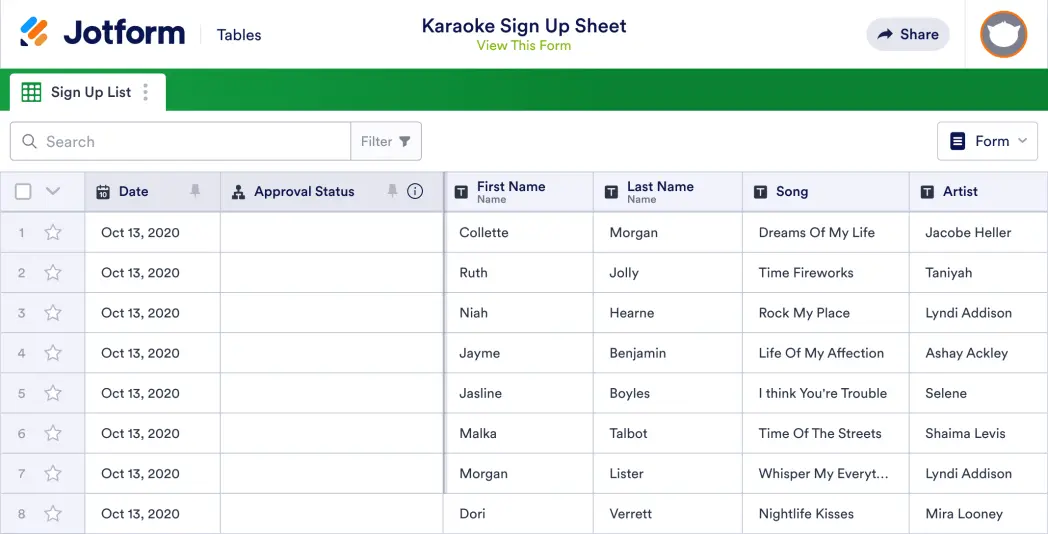 Karaoke Sign Up Sheet Template | Jotform Tables