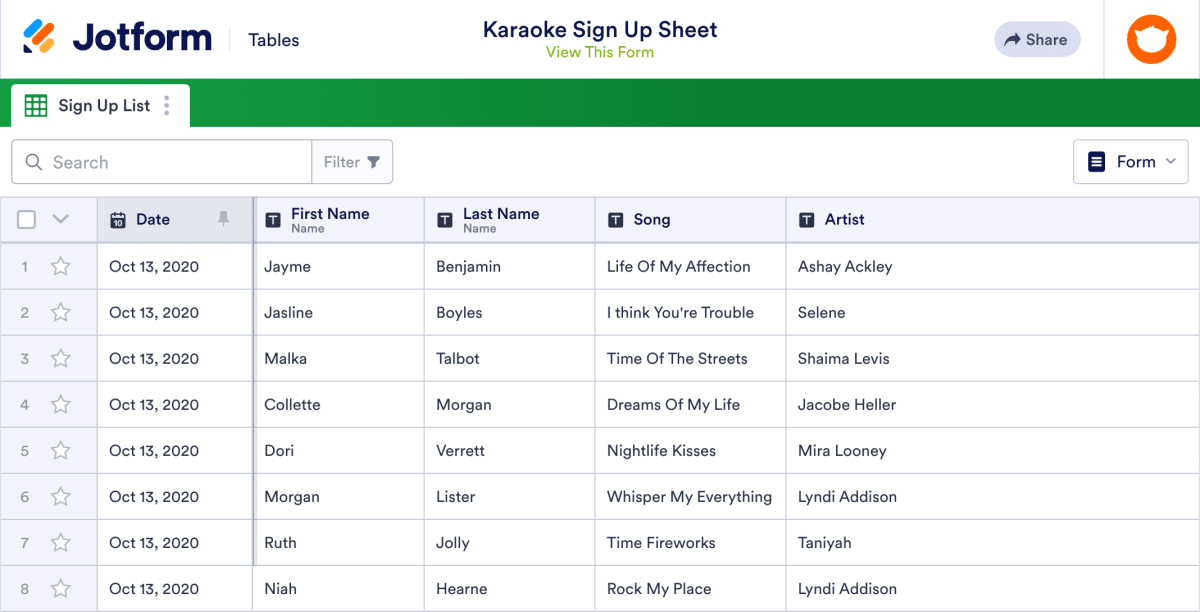 Karaoke Sign Up Sheet Template | Jotform Tables