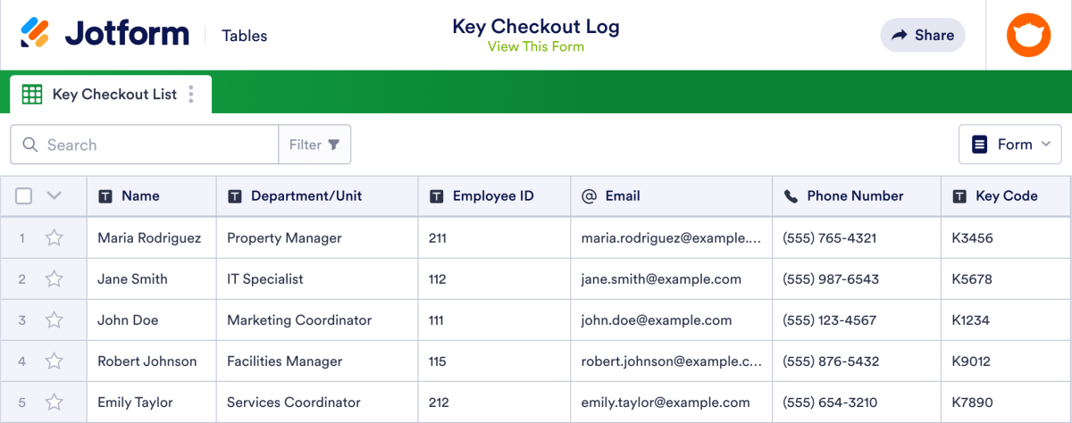 Key Checkout Log Template | Jotform Tables