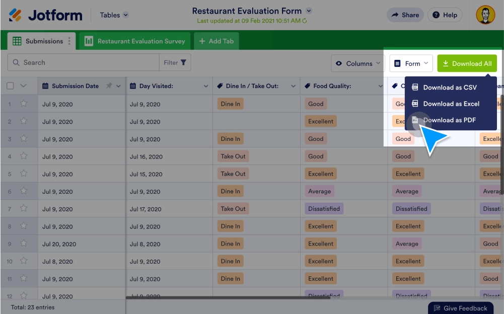Export Your Form Submission Data as CSV, Excel & PDF | Jform