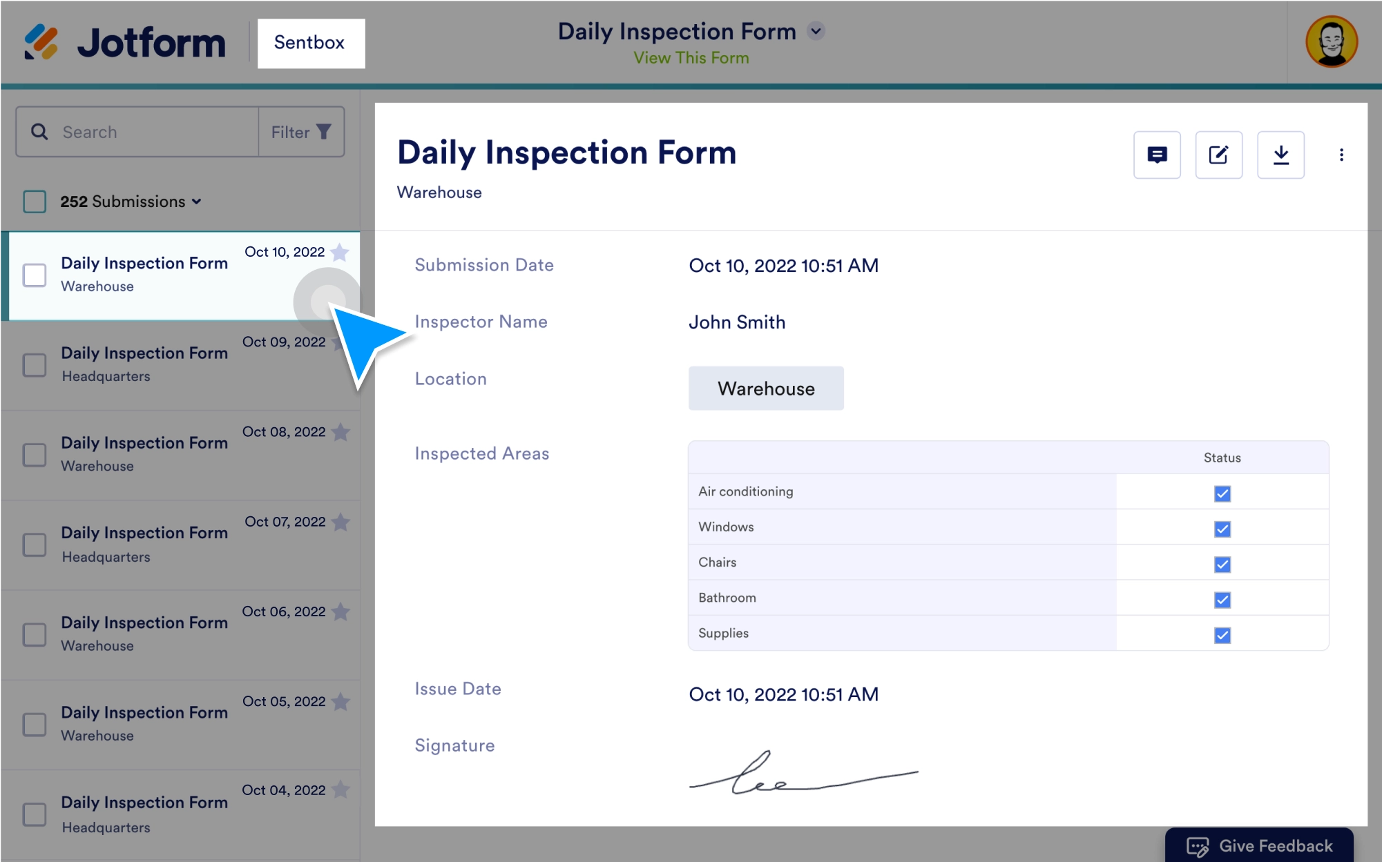 View or Edit Submissons via Jform Sentbox