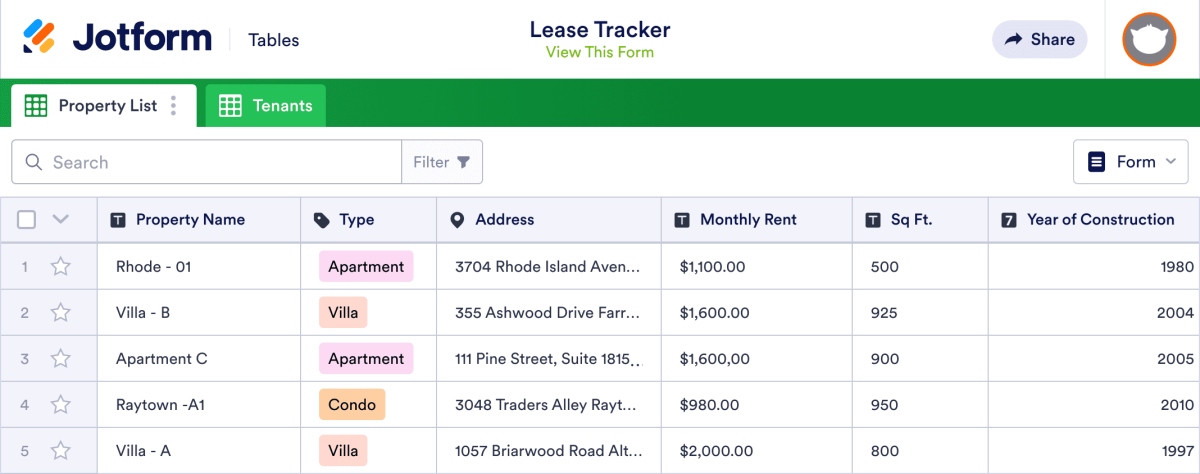Lease Tracker Template | Jotform Tables