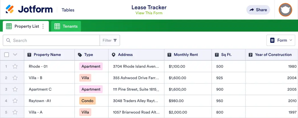 Lease Tracker Template | Jotform Tables