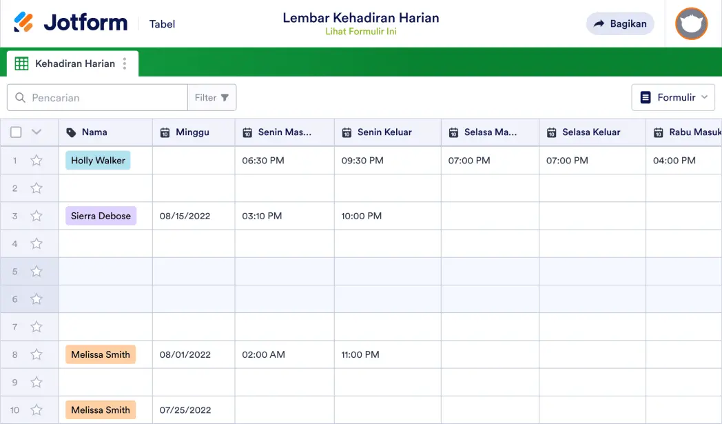 Lembar Kehadiran Harian Template | Jotform Table