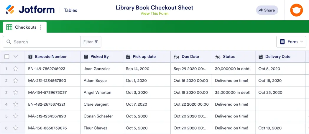 Library Book Checkout Sheet Template | Jotform Tables