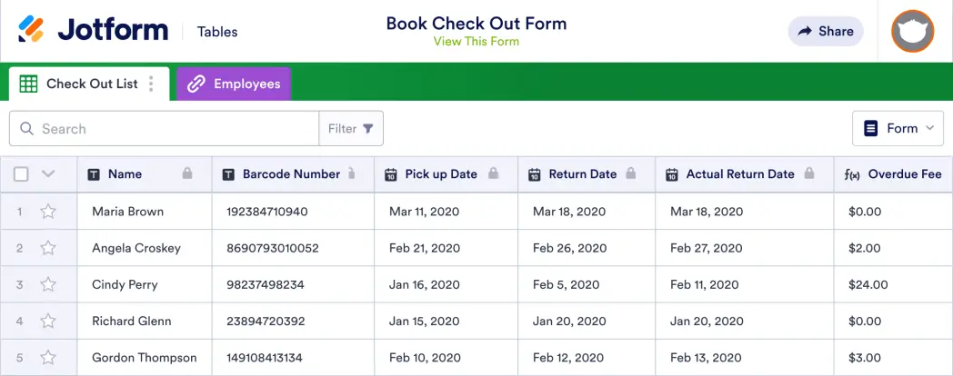 Library Check Out Sheet Template | Jotform Tables