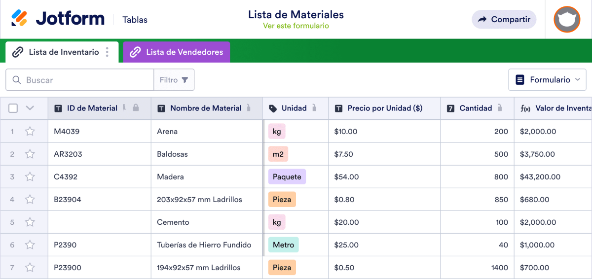 Lista de Materiales Plantilla | Jotform Tables
