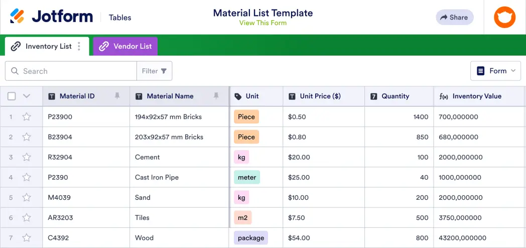 Material List Template | Jotform Tables