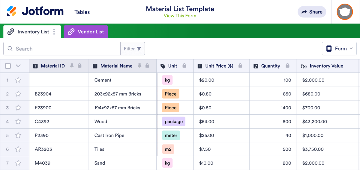 Material List Template | Jotform Tables