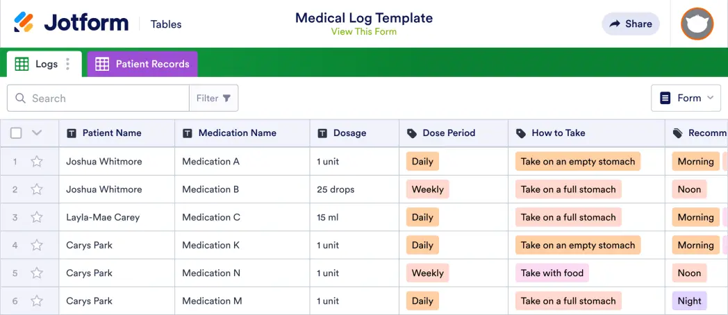 Medical Log Template | Jotform Tables