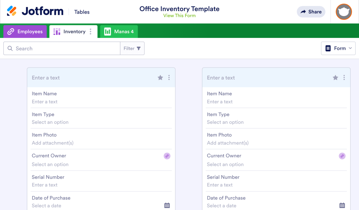 Office Inventory Template | Jotform Tables