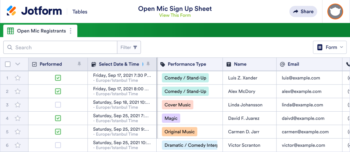 Open Mic Sign Up Sheet Template | Jotform Tables