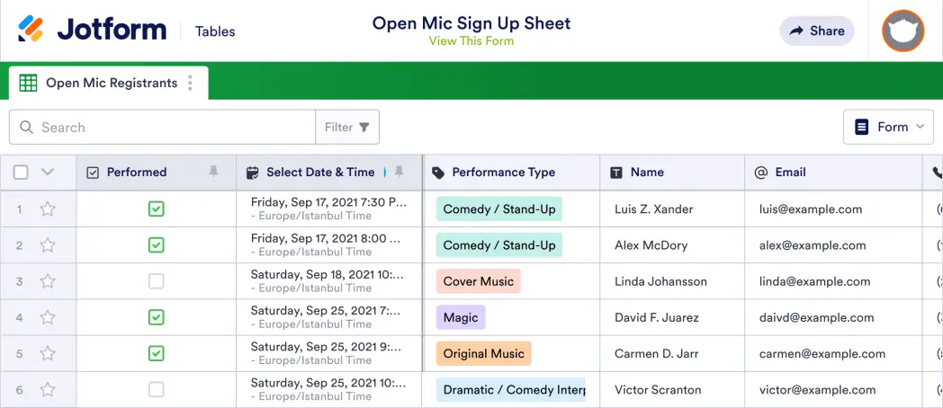 Open Mic Sign Up Sheet Template | Jotform Tables