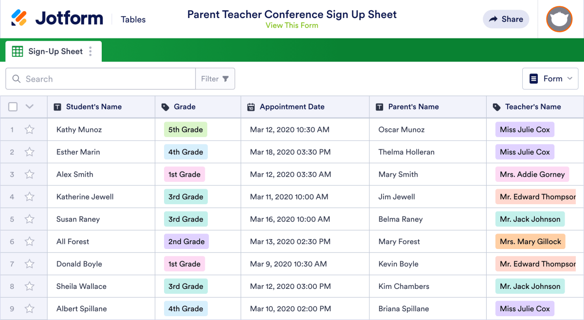 Parent Teacher Conference Sign Up Sheet Template | Jotform Tables