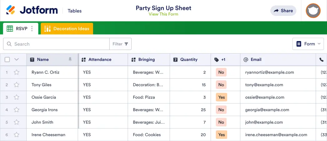 Party Sign Up Sheet Template | Jotform Tables