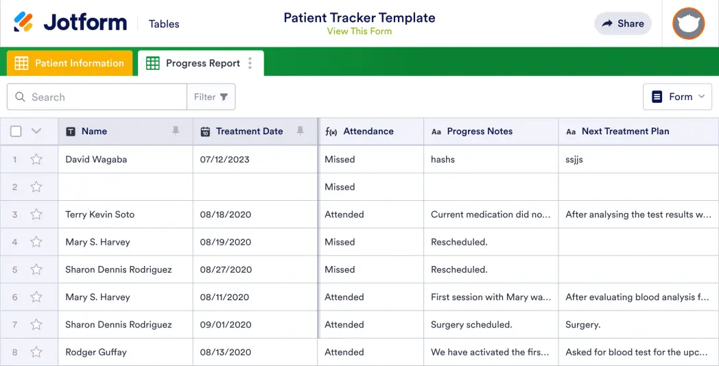 Patient Tracker Template | Jotform Tables