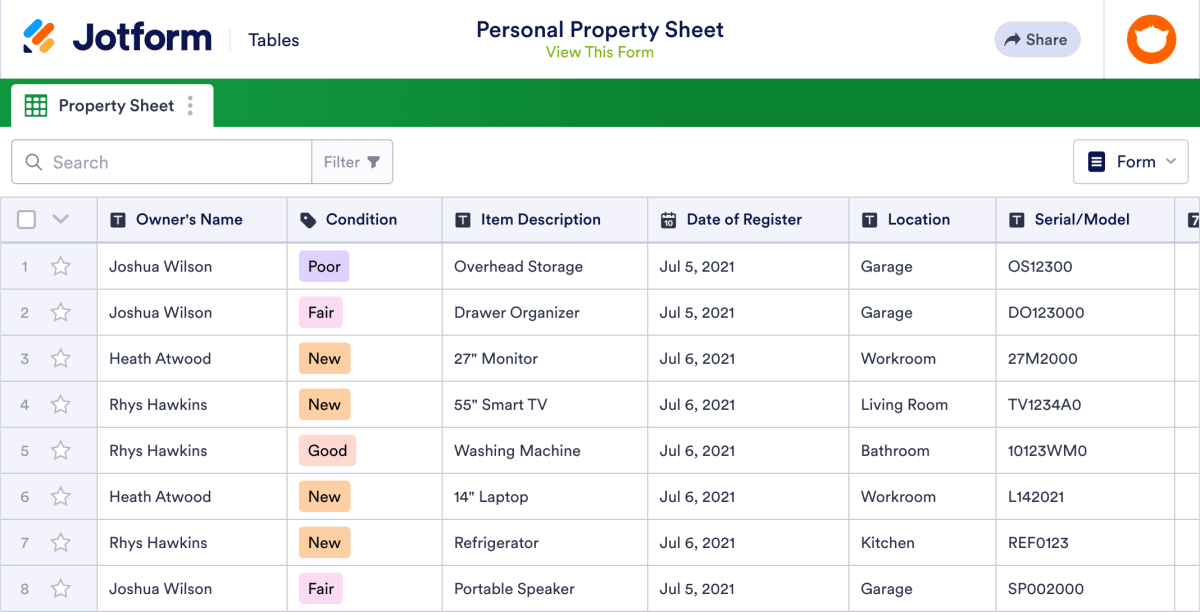 Personal Property Sheet Template | Jotform Tables
