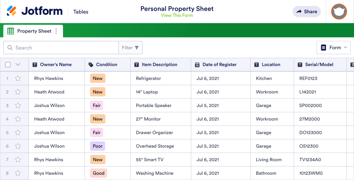 Personal Property Sheet Template | Jotform Tables
