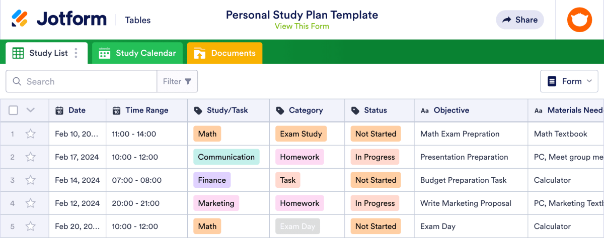 Personal Study Plan Template | Jotform Tables