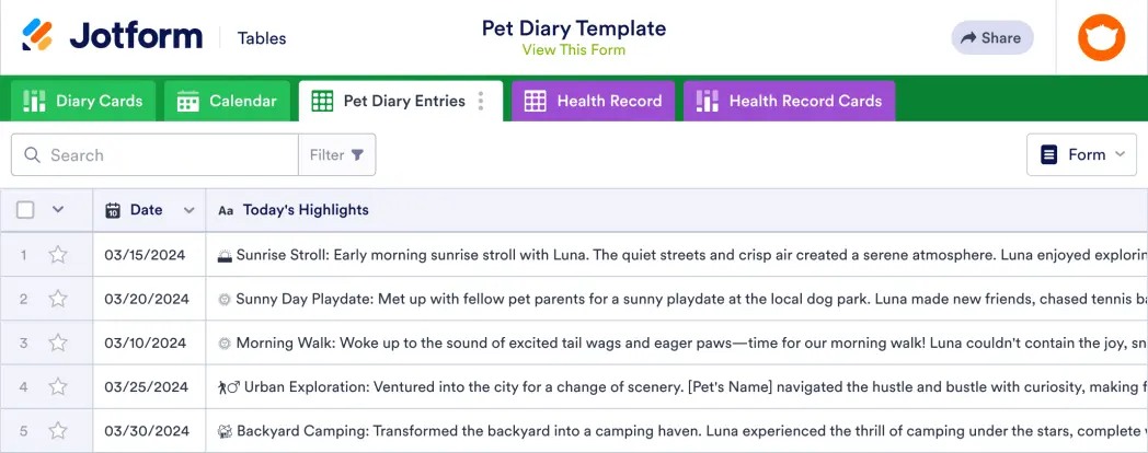 Pet Diary Template | Jotform Tables