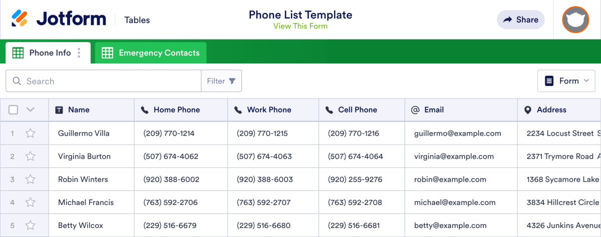 Phone List Template | Jotform Tables