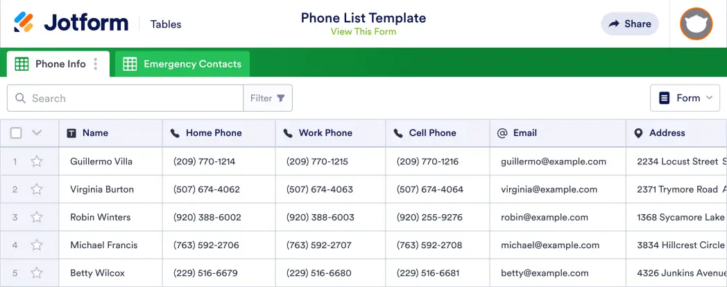 Phone List Template | Jotform Tables