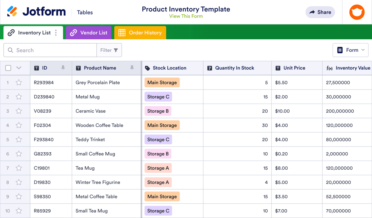 Product Inventory Template | Jotform Tables
