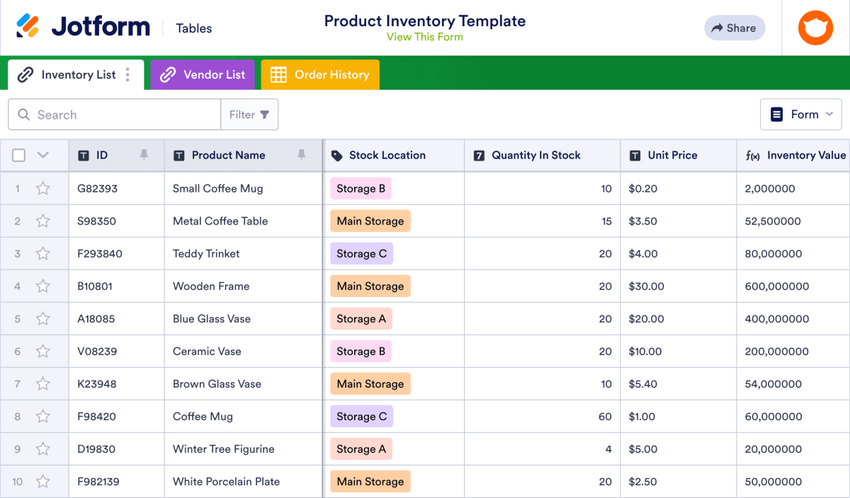 Product Inventory Template | Jotform Tables
