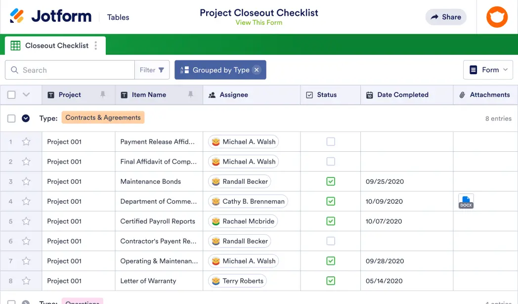 Project Closeout Checklist Template | Jotform Tables