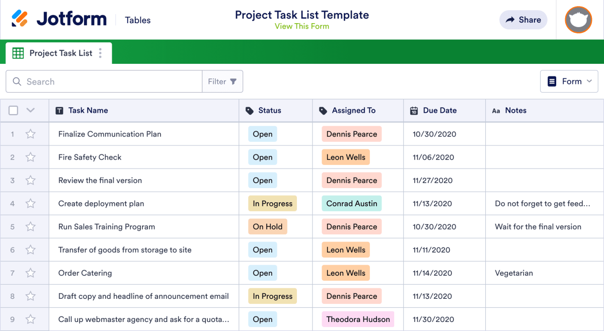 Project Task List Template | Jotform Tables