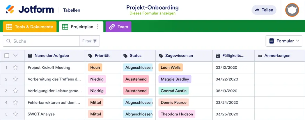 Projekt-Onboarding Vorlage | Jotform Tabellen