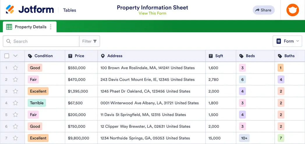 Property Information Sheet Template | Jotform Tables
