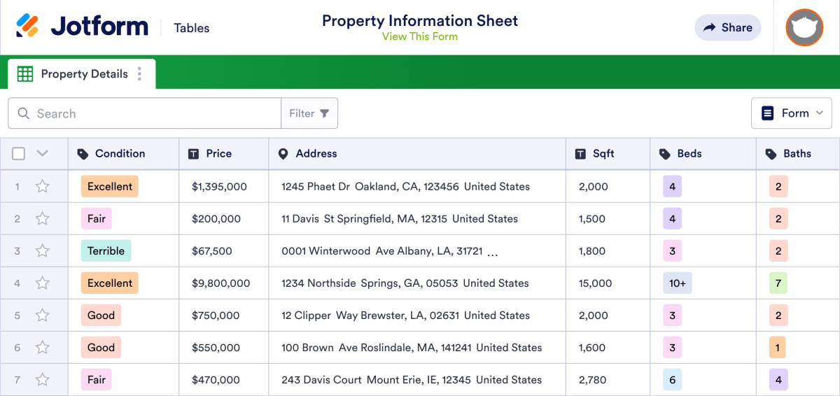 Property Information Sheet Template | Jotform Tables