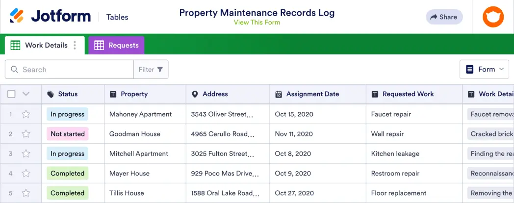 Property Maintenance Records Log Template | Jotform Tables