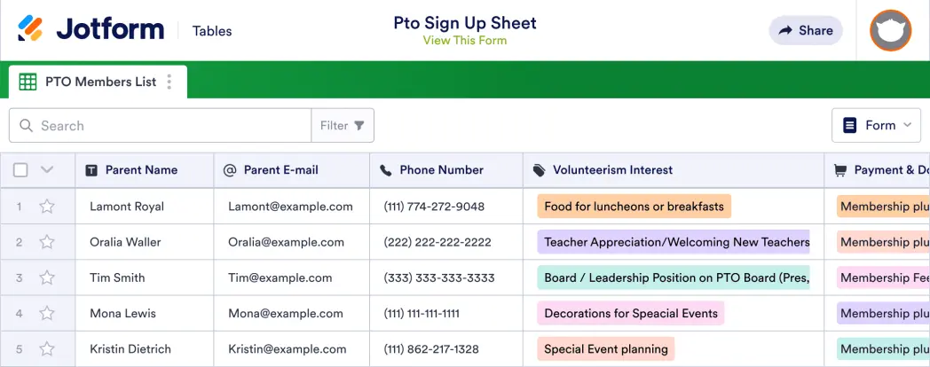 Pto Sign Up Sheet Template | Jotform Tables