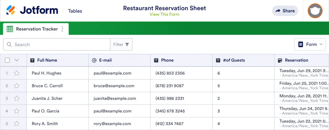 Restaurant Reservation Sheet Template | Jotform Tables
