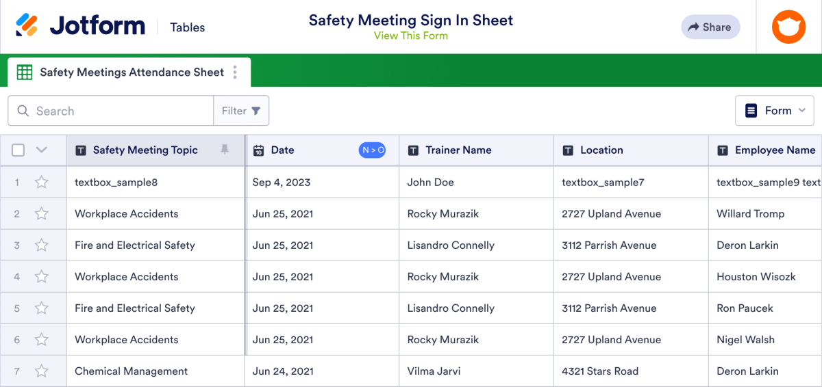 Safety Meeting Sign In Sheet Template | Jotform Tables