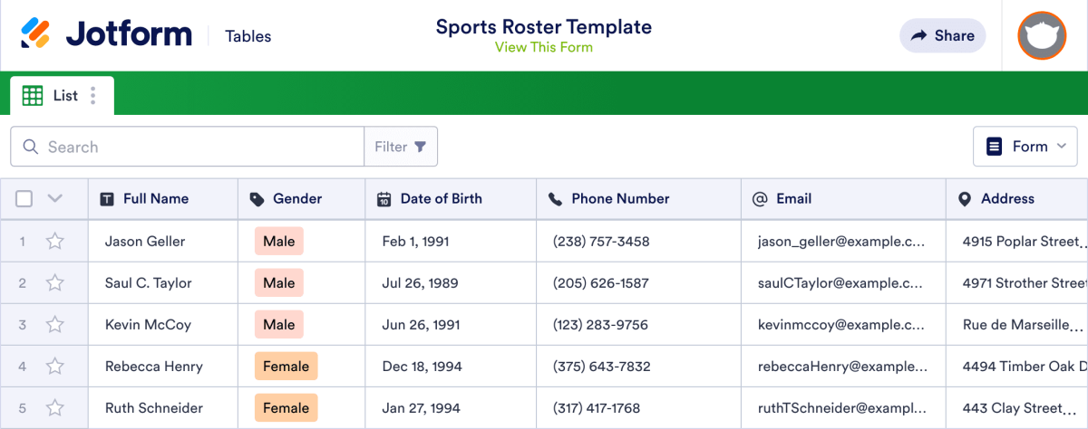 Sports Roster Template | Jotform Tables