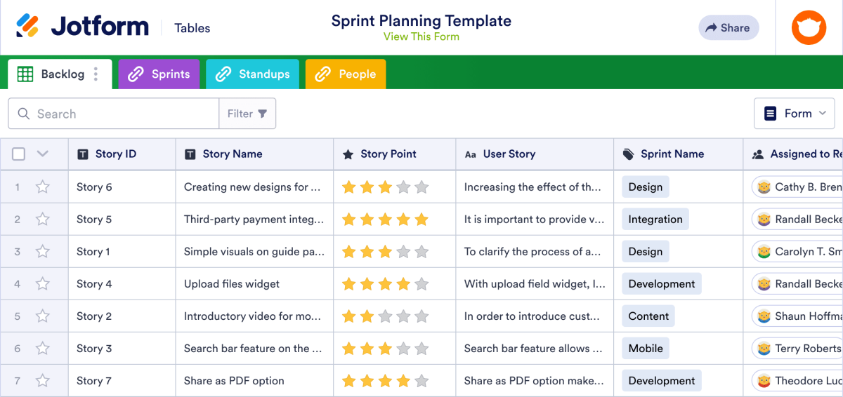 Sprint Planning Template | Jotform Tables